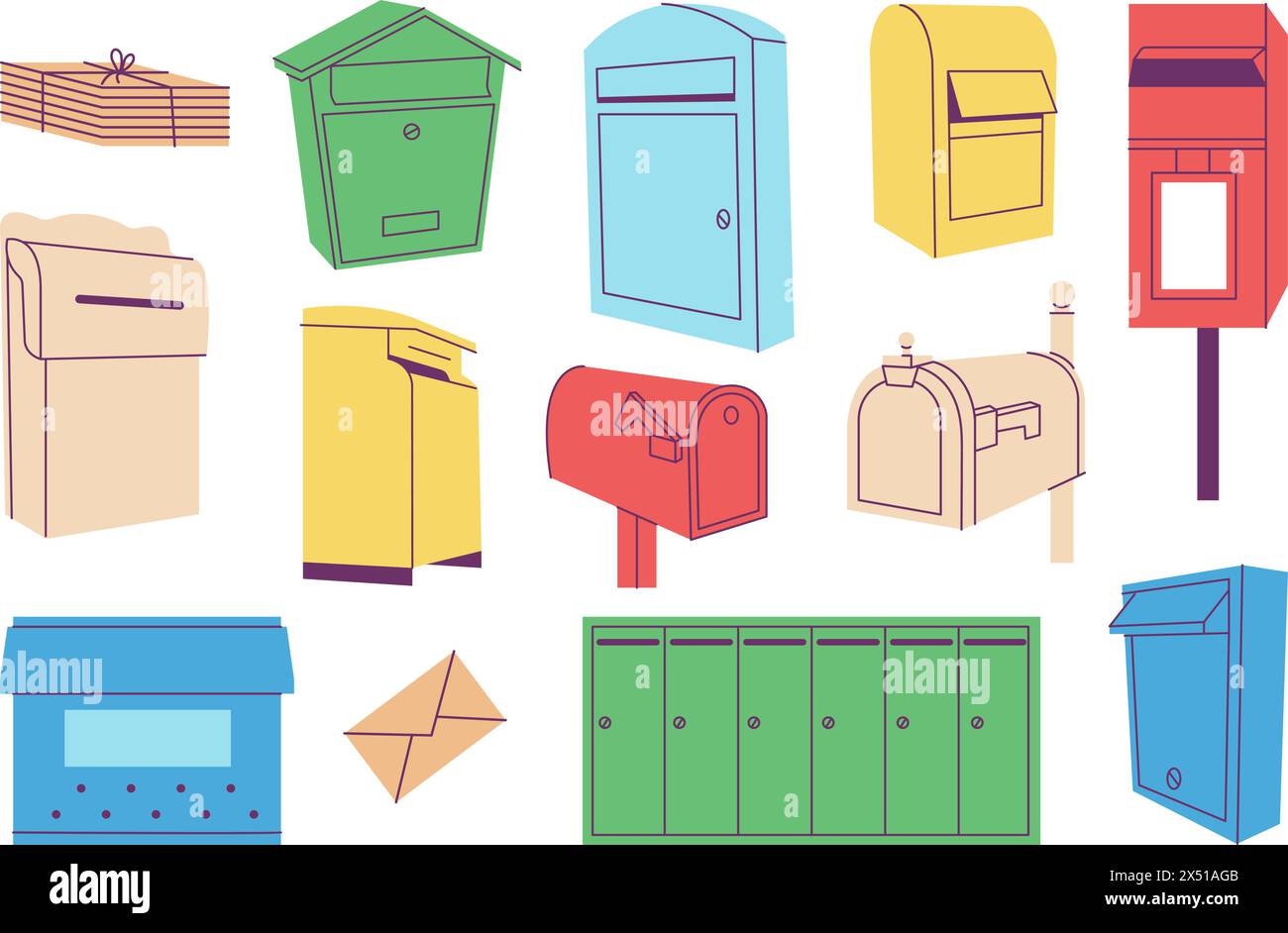 Isolated mailbox. Flat letterboxes and letters piles. Postal box for ...