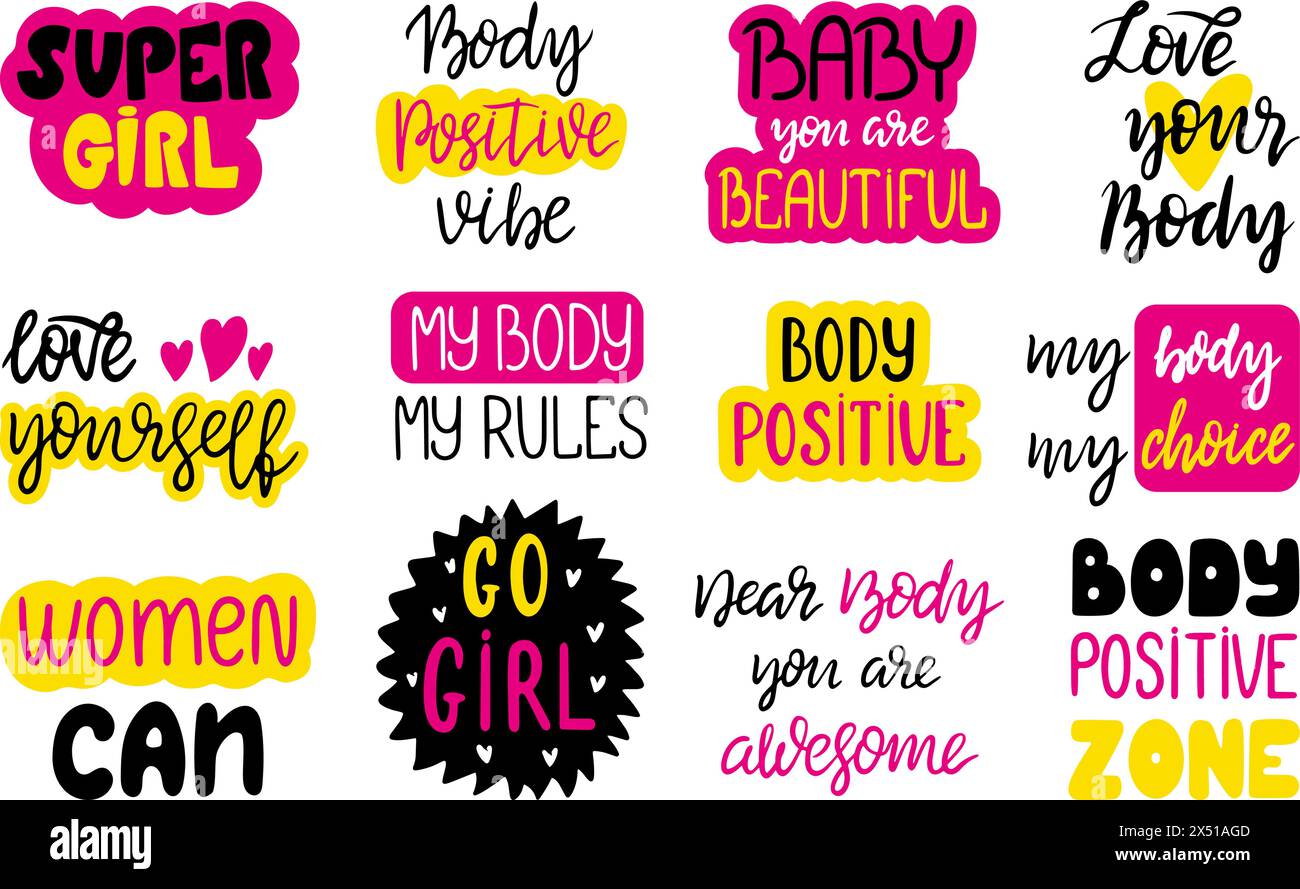 Body positive phrases. Female signs and lettering stickers ...