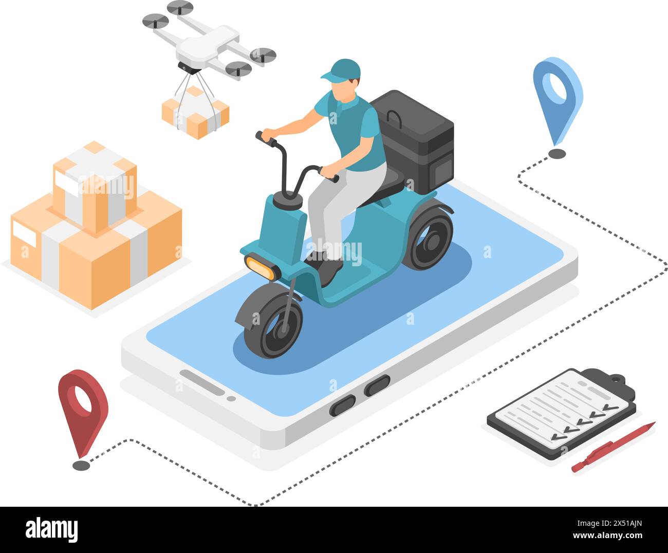 Isometric delivery service. Courier on scooter with parcels. Drone ...