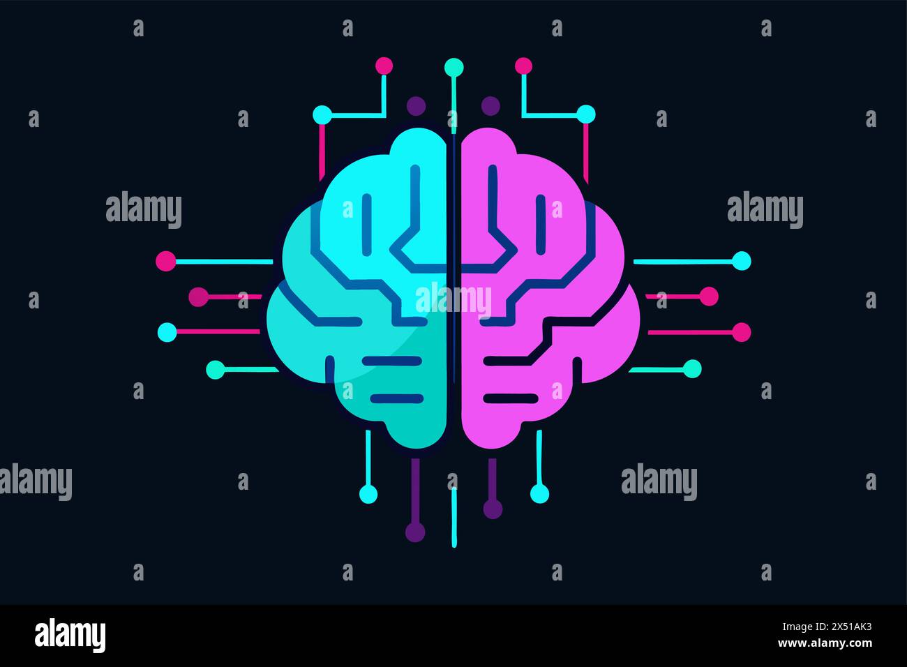 Futuristic brain in neon colors. Glowing brain in network setting. Concept of artificial ...