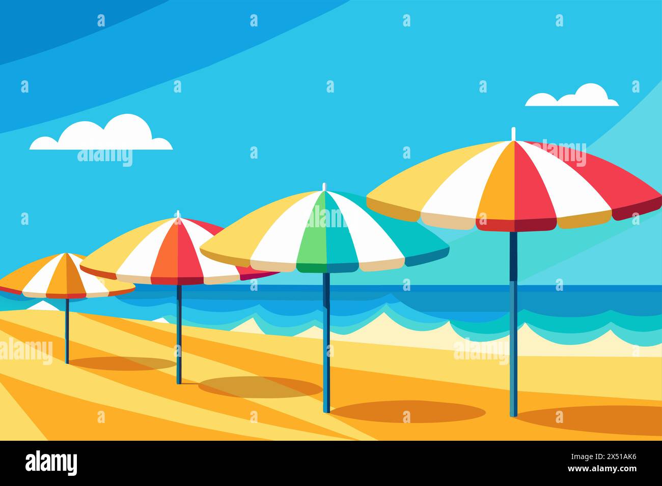 Colorful beach umbrellas lined up on a sandy beach with clear blue ...