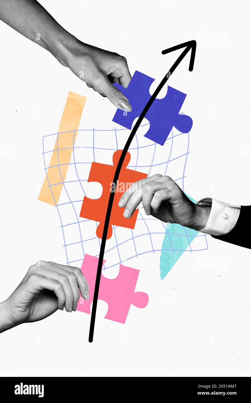 Vertical image collage human hands body fragments match puzzle complete ...