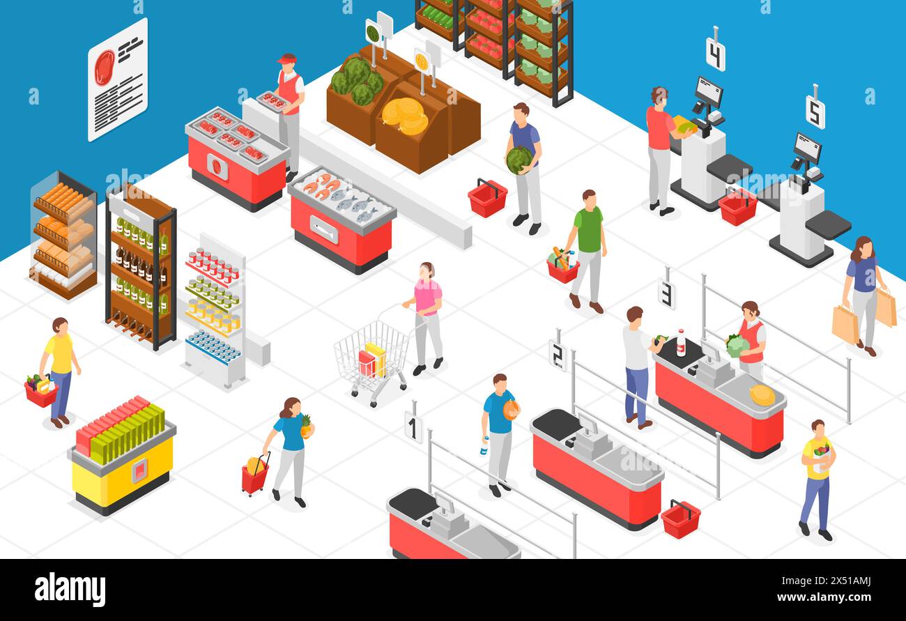 Isometric trading hall in supermarket interior. Products stands and ...