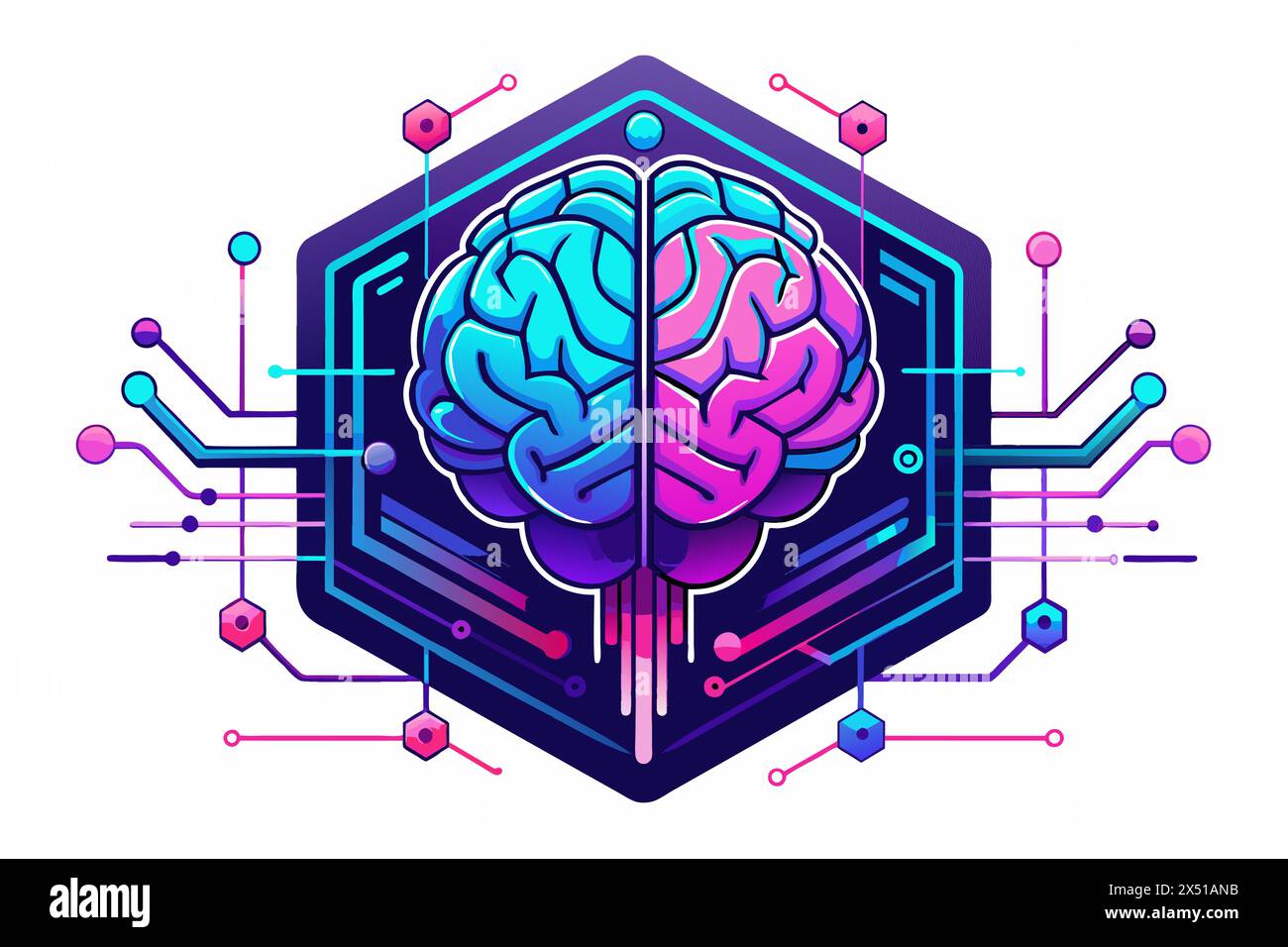 Futuristic brain in neon colors. Glowing brain in network setting. Concept of artificial ...