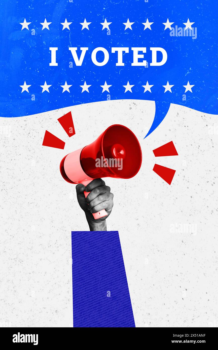 Vertical photo collage image loudspeaker politics arm bullhorn voters ...