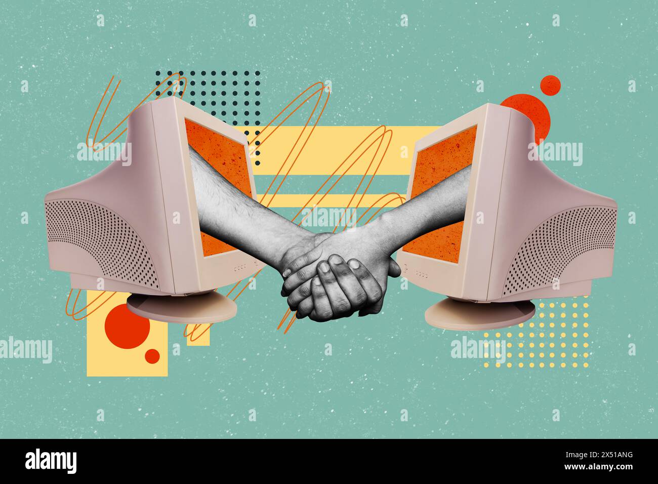 Composite photo collage of hands shake together peek computer monitor ...