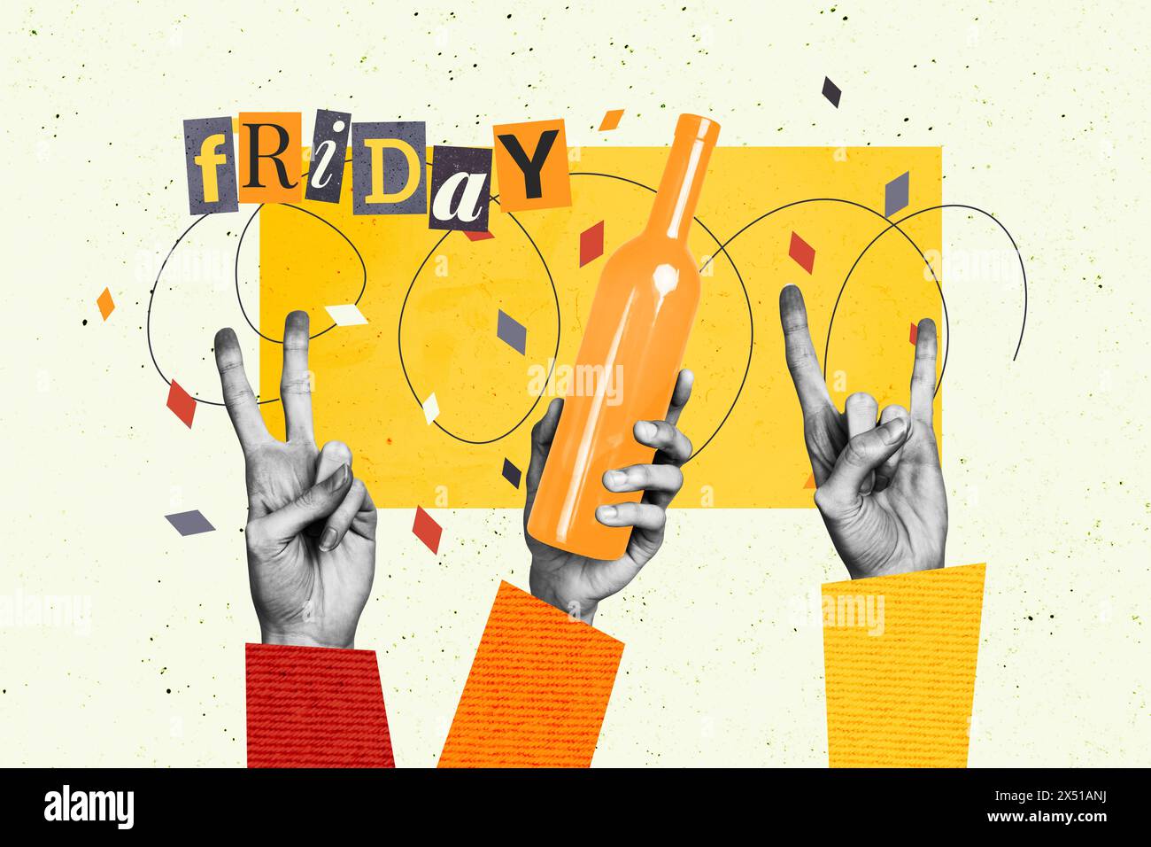 Creative picture collage human hands party celebration friday alcoholic ...
