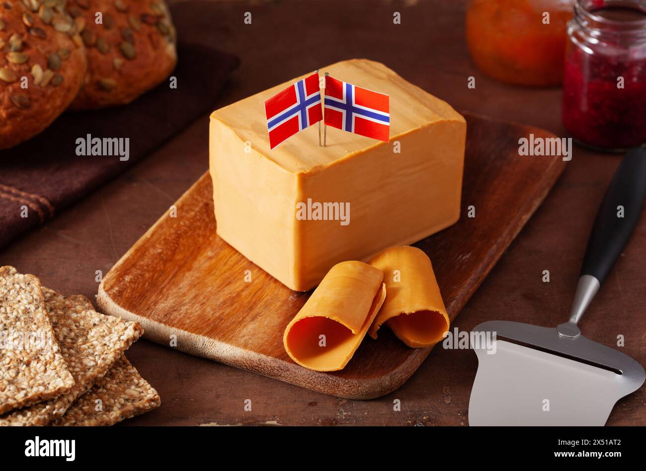 Norwegian brunost traditional brown cheese Stock Photo - Alamy
