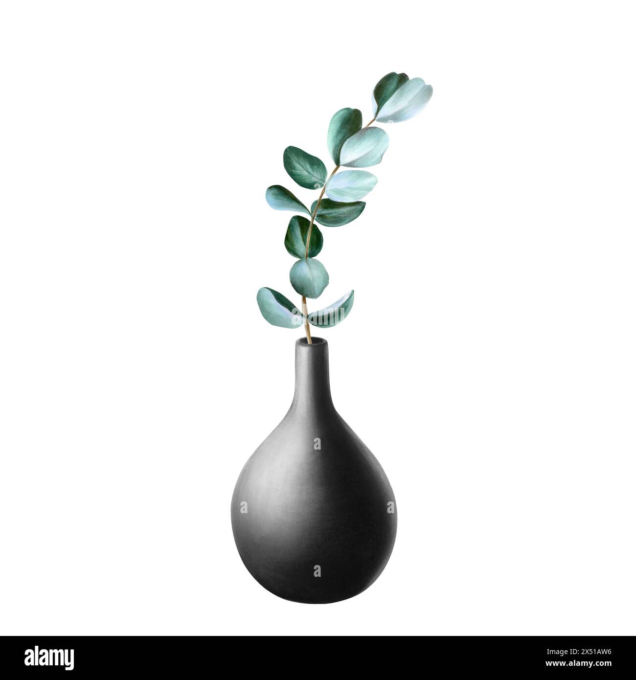 Black antique ceramic vase with eucalyptus branch. Watercolor hand ...