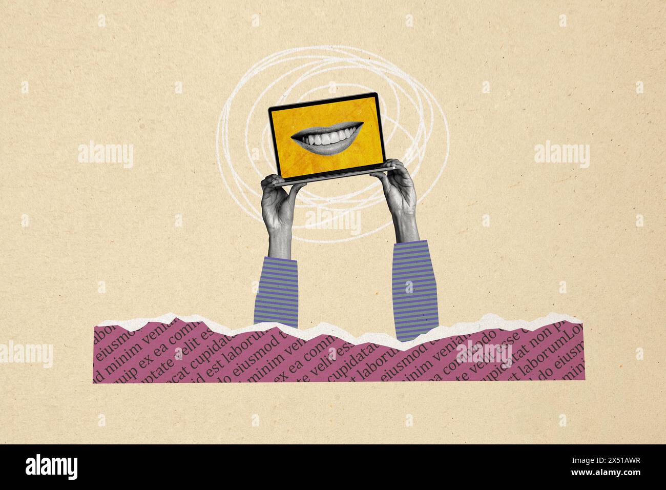 Photo collage image human hands rise up hold laptop mouth psychedelic ...