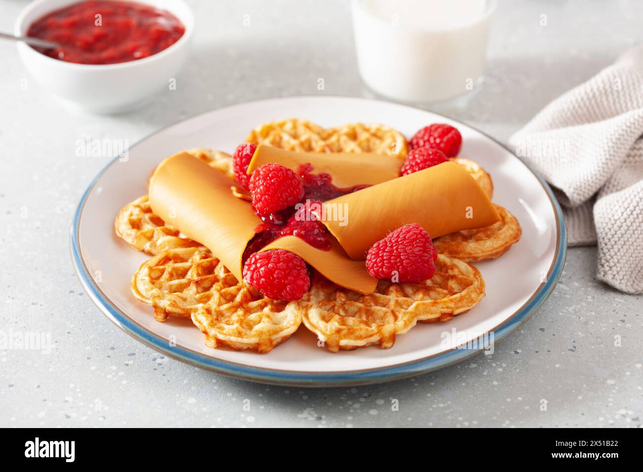 waffles with Norwegian brunost traditional brown cheese and raspberry ...