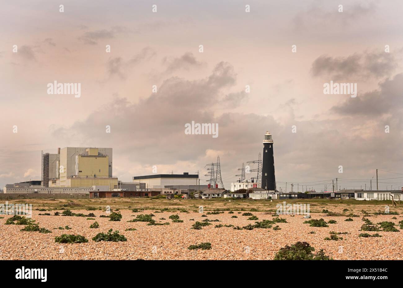 Houses, Lighthouse and Nuclear Power Station at Dungeness Beach, Kent ...