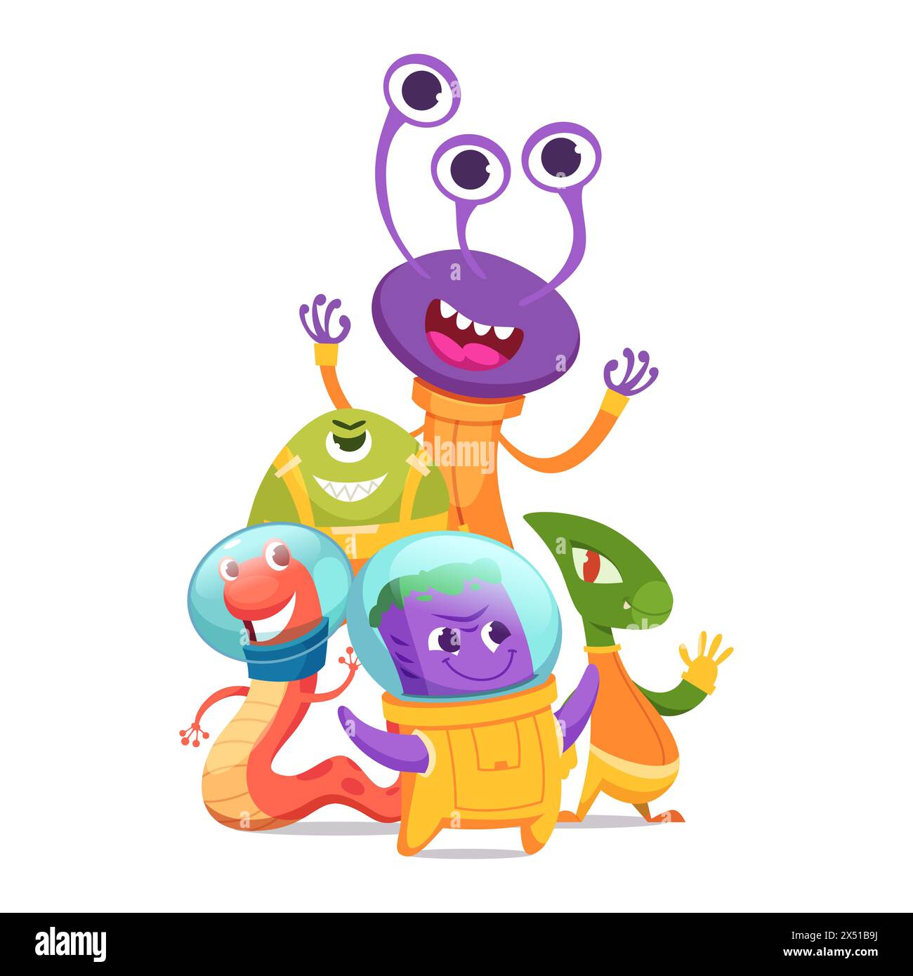 Funny monsters cartoon aliens and creatures standing in group. vector ...
