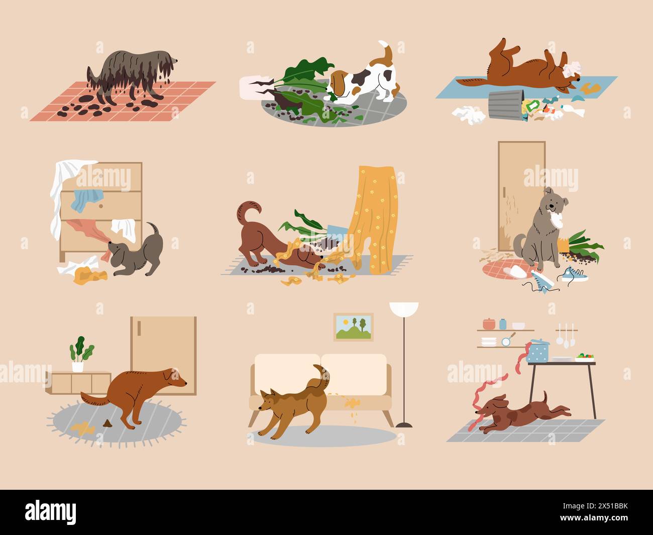 Mess dogs. Domestic animals with behavior interior destroying home ...