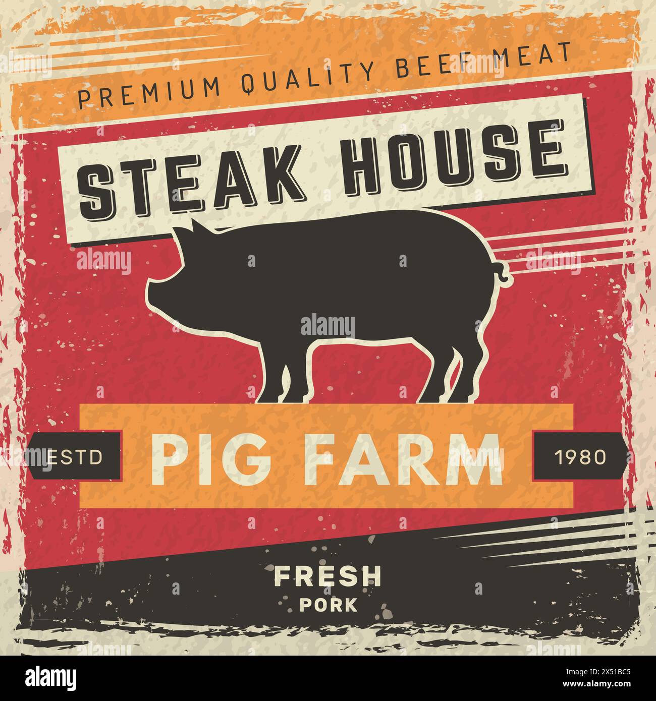 Meat house poster retro placard with pork silhouette and place for text ...