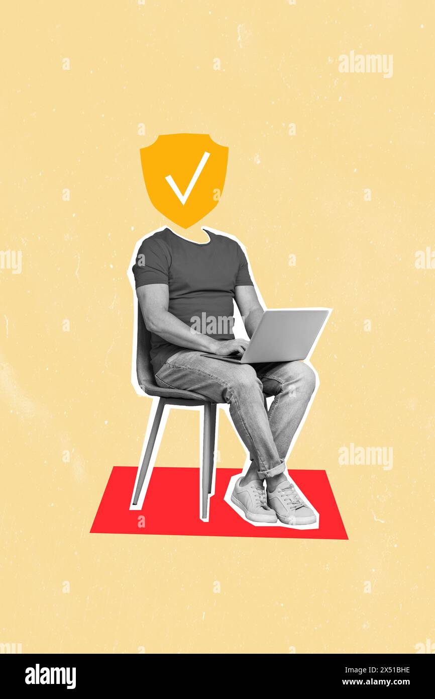 Vertical picture collage sitting man laptop remote worker antivirus ...