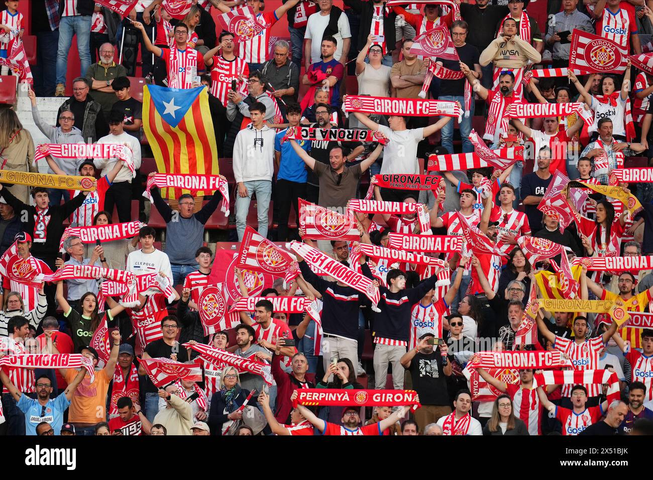 Girona, Spain. 04th May, 2024. Girona FC fans with scarves at Montilivi ...