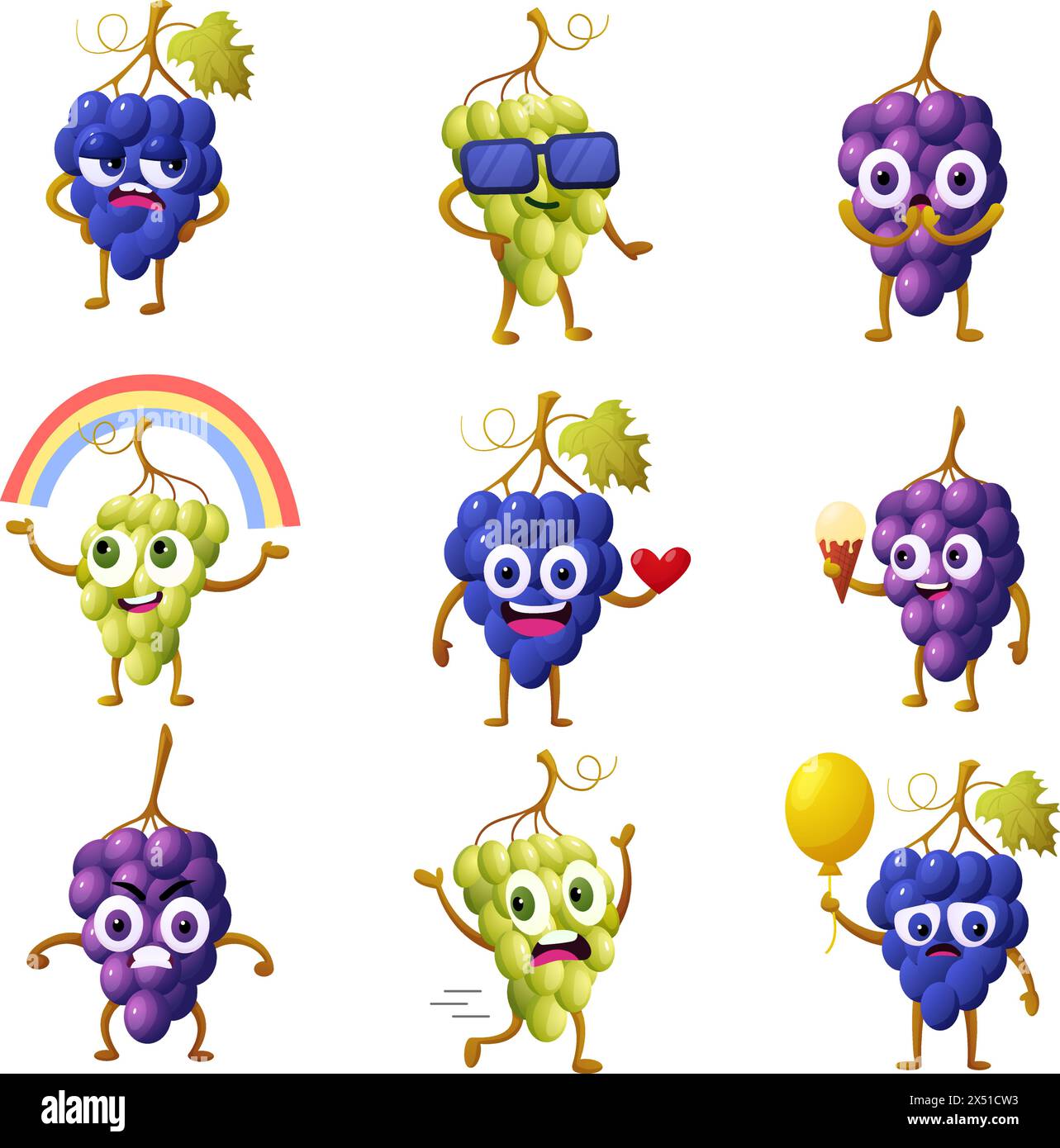 Cartoon grape characters. Different emotions grapes bunches, cute funny ...