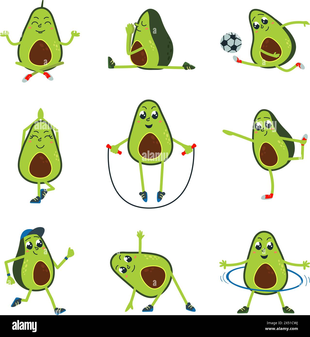Avocado sport workout. Cartoon avocados training, yoga and stretching ...