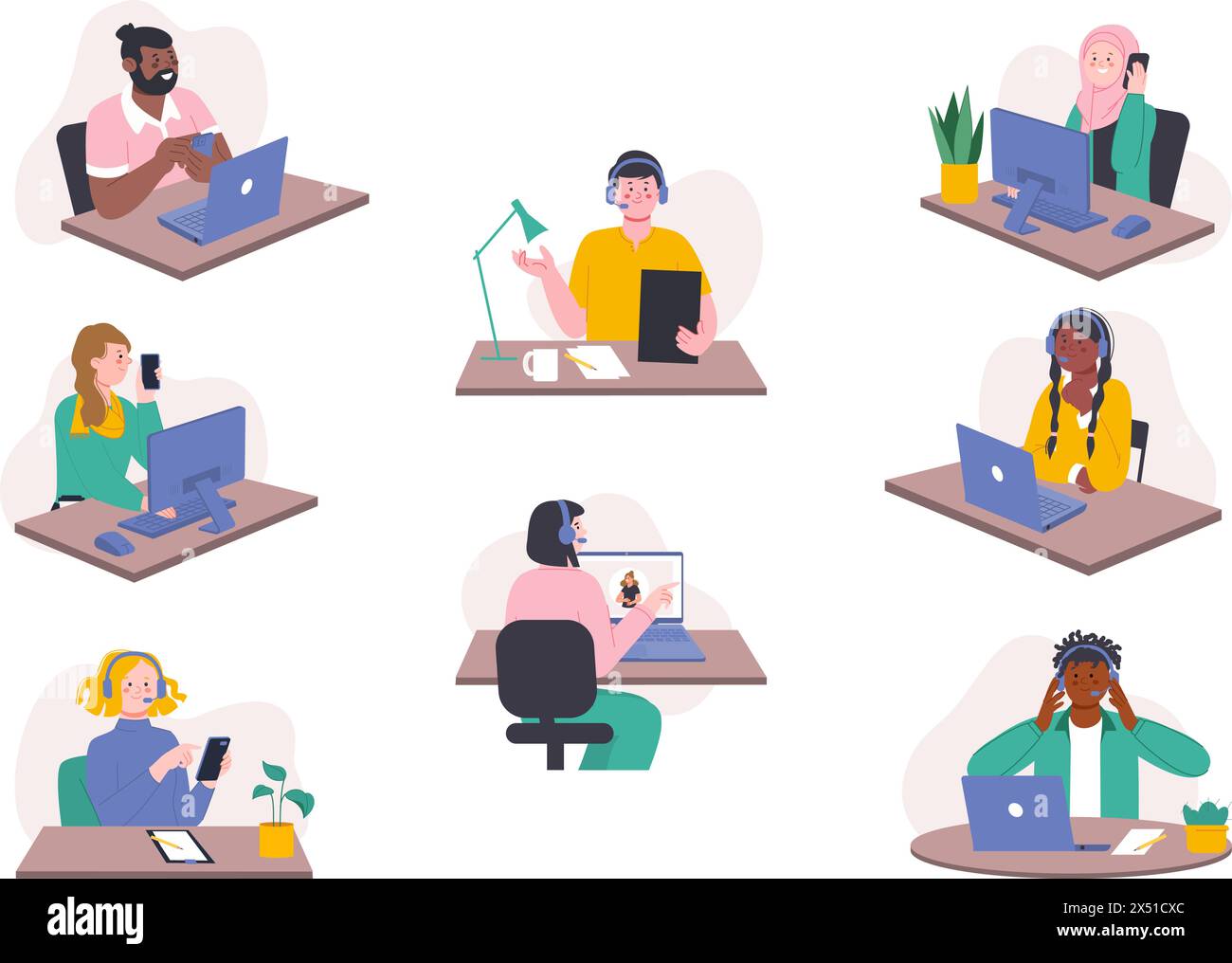 Call center characters. Hotline administrators working with clients ...