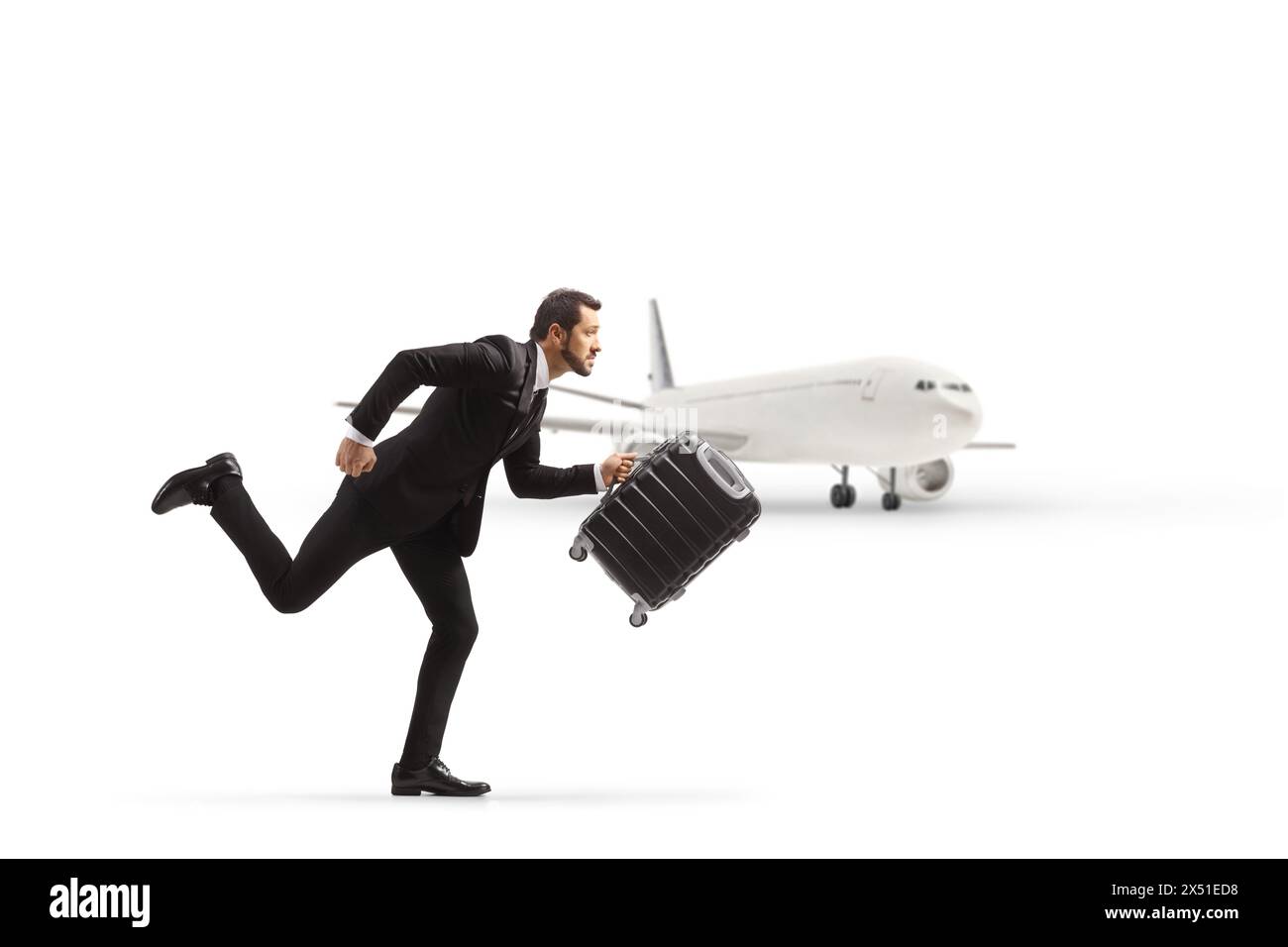 Businessman running and carrying a suitcase near an airplane isolated ...