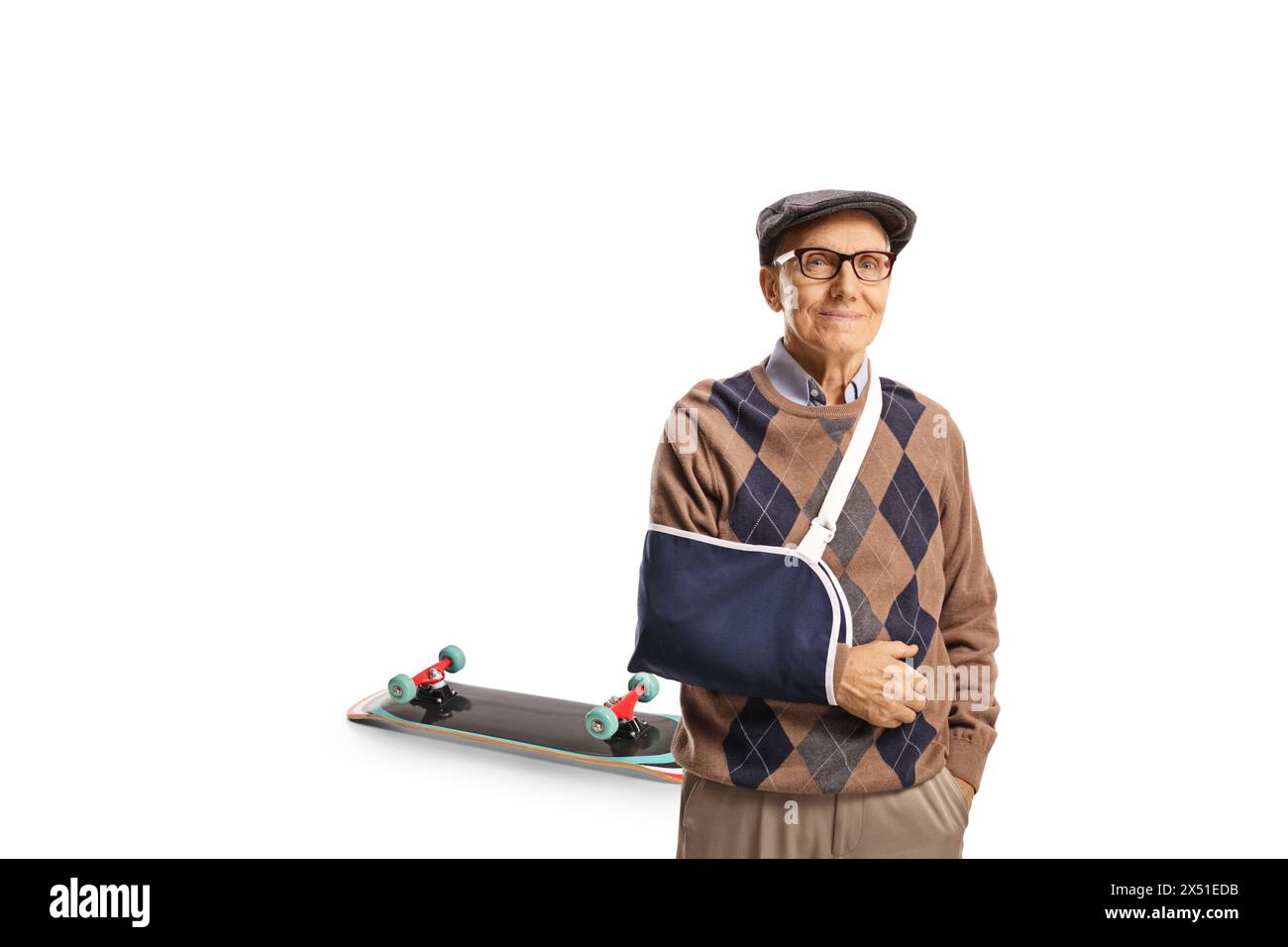Elderly man with arm injury from a skateboard fall isolated on white ...