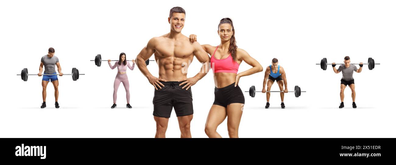 Bodybuilding coaches and people lifting weights isolated on white ...