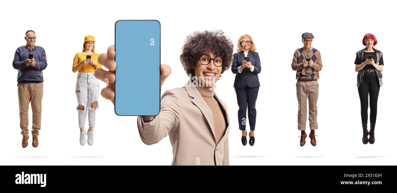 Young man with application on a smartphone for online shopping and ...