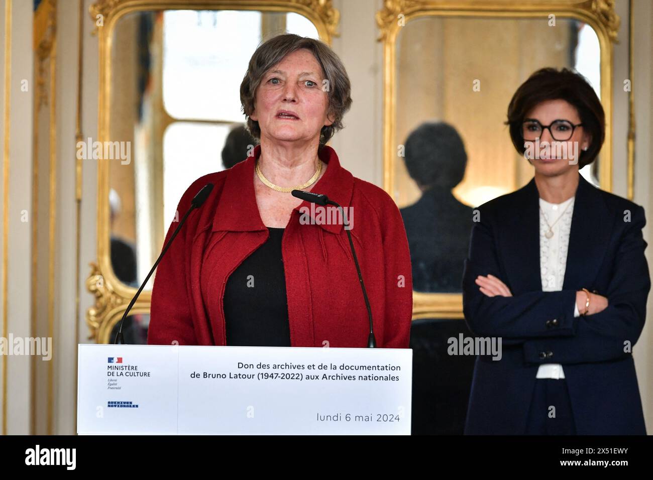 Chantal Latour delivers a speech during the ceremony of collecting Bruno Latour's archives with ...