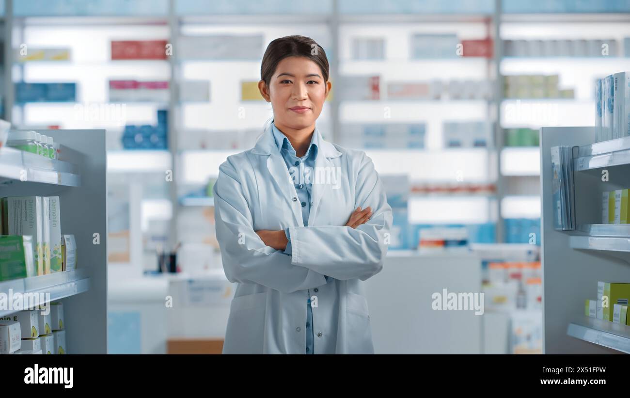 Pharmacy Drugstore: Portrait of Beautiful Asian Pharmacist Wearing ...