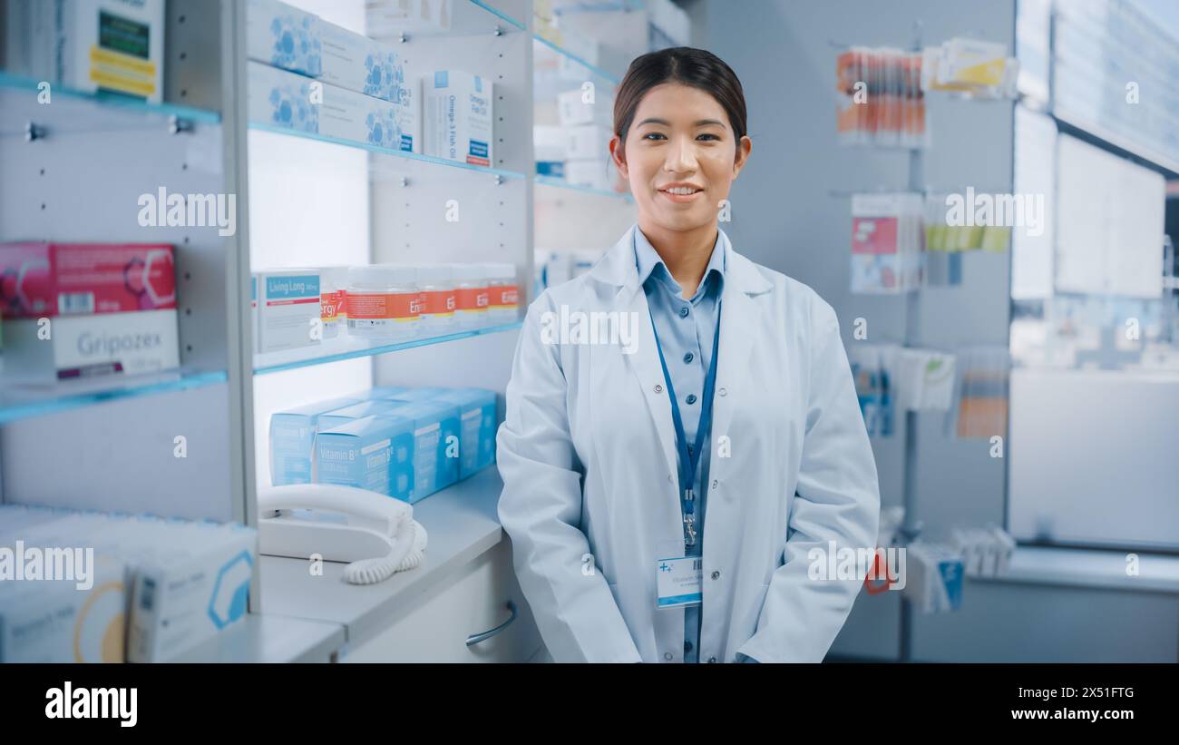 Pharmacy Drugstore: Portrait of Beautiful Asian Female Pharmacist ...