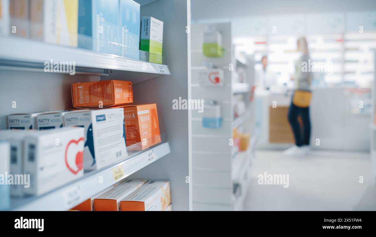 Modern Pharmacy Drugstore with Shelves full of Packages Full of Modern ...