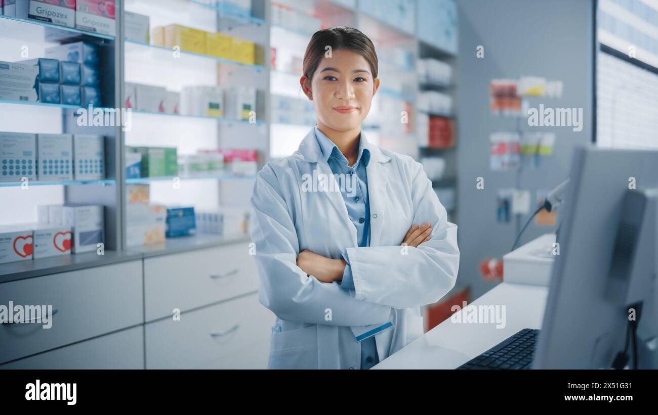 Pharmacy Drugstore: Portrait of Beautiful Asian Female Pharmacist ...