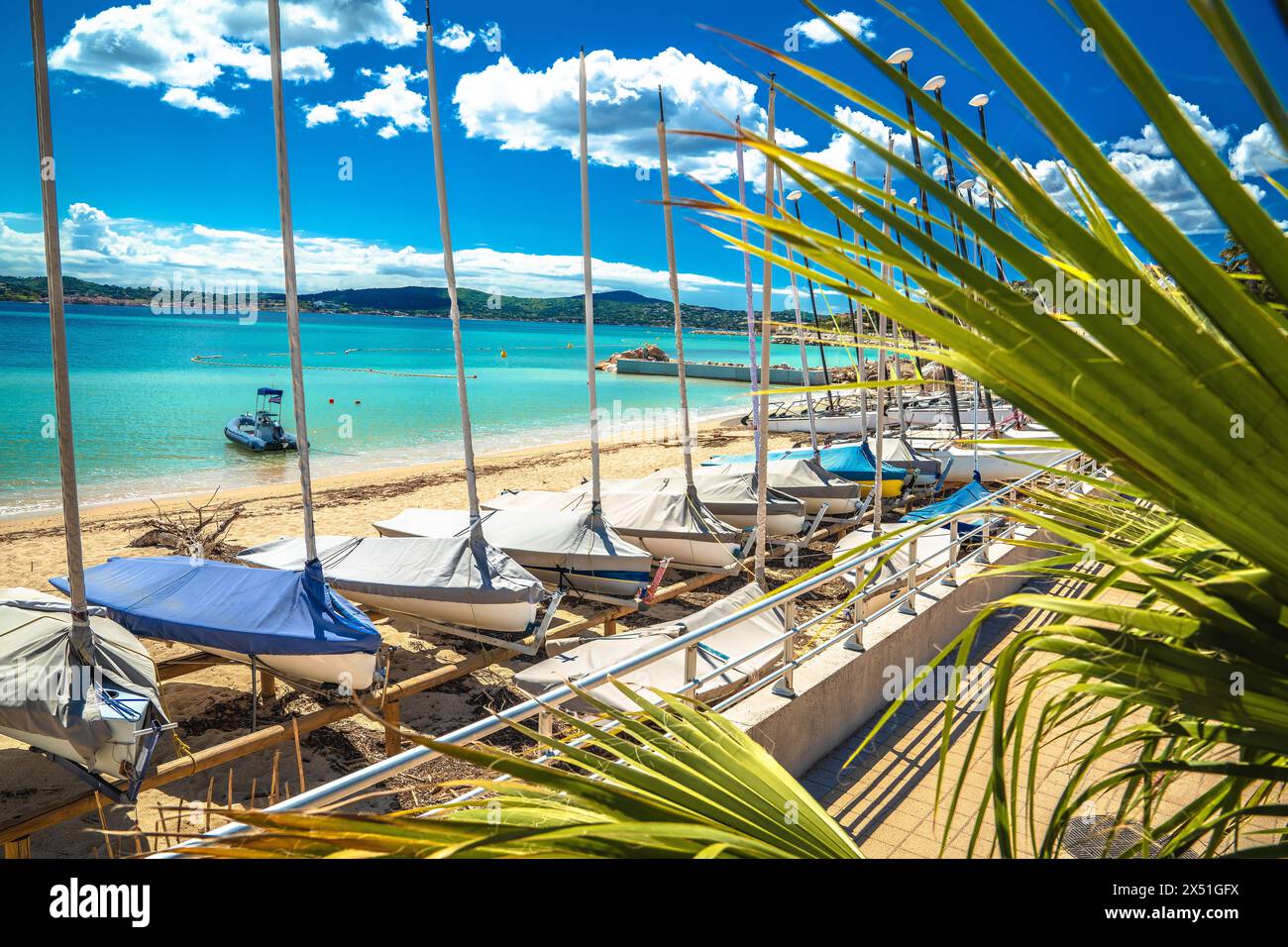 Sainte Maxime sand turquoise beach and sailboats view, Cote D Azur in ...