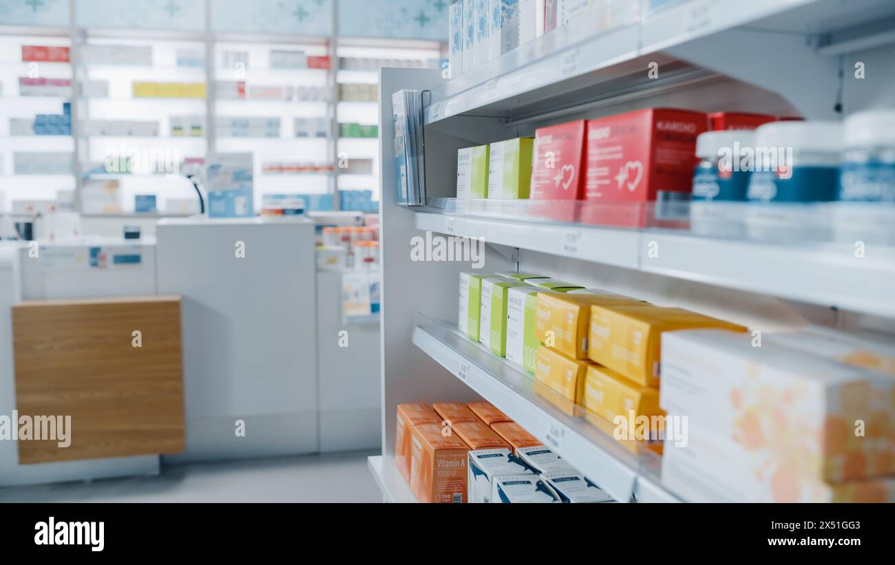 Modern Pharmacy Drugstore with Shelves full of Packages with Modern ...
