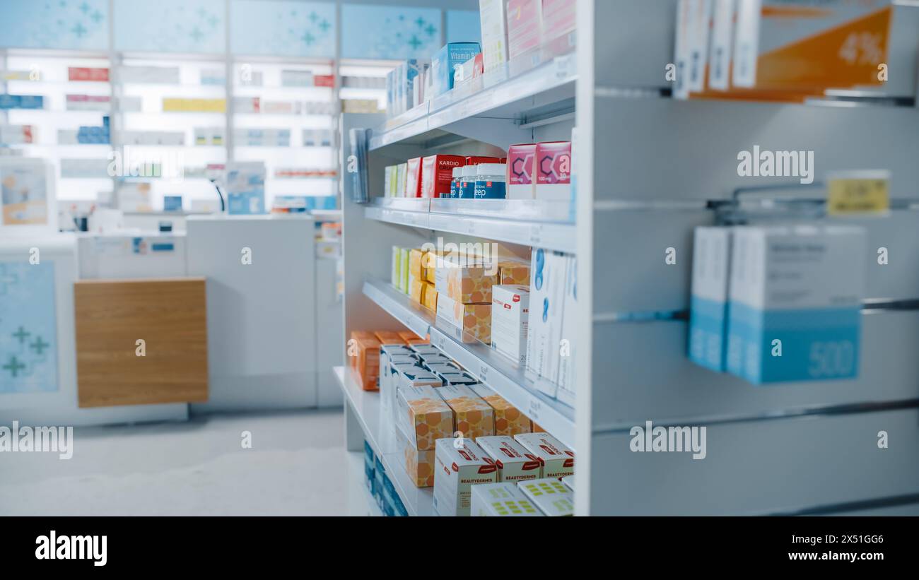 Modern Pharmacy Drugstore with Shelves full of Packages with Modern ...