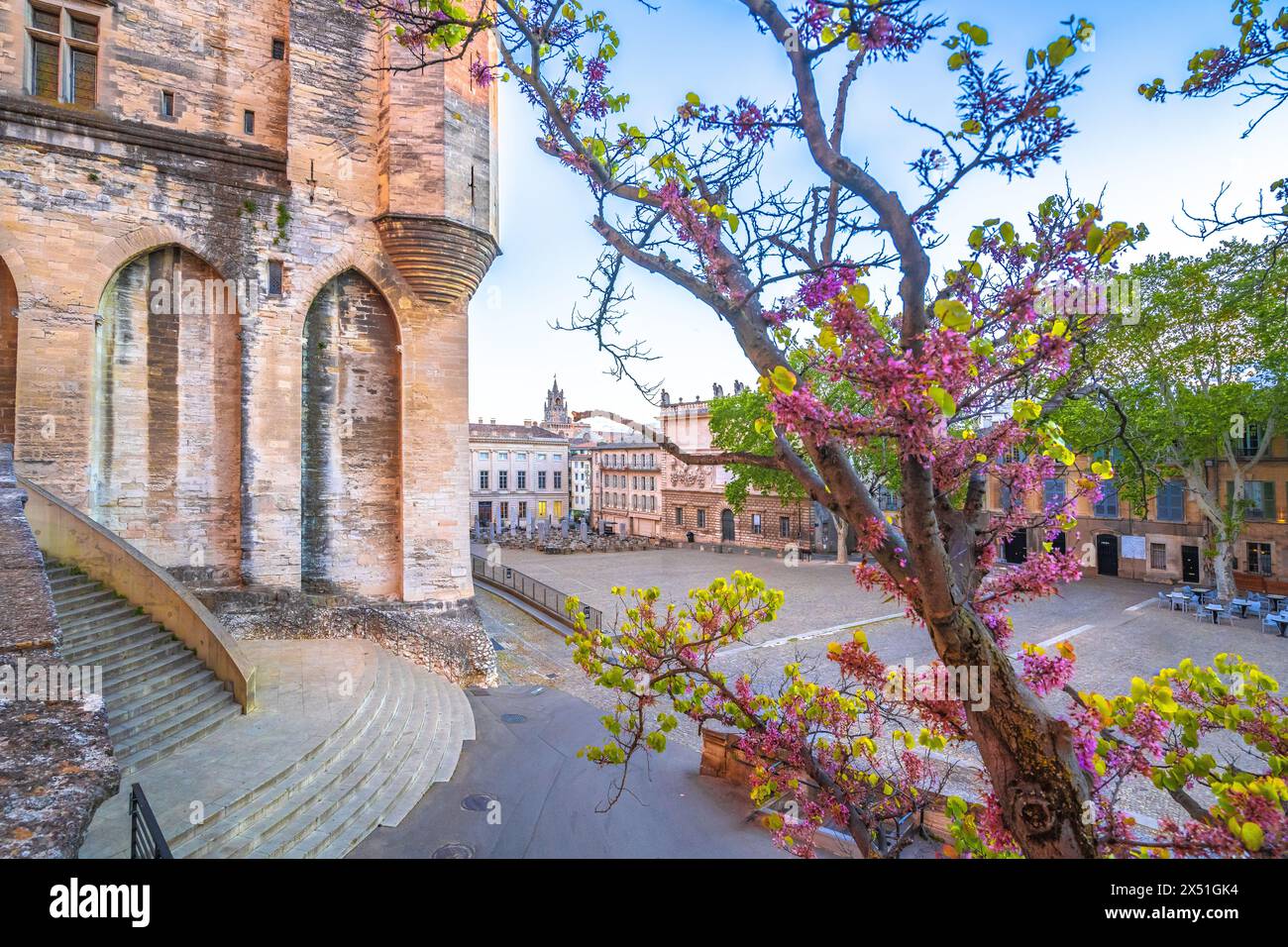 Ancient city of Avignon square an Pope palace view, southern France ...