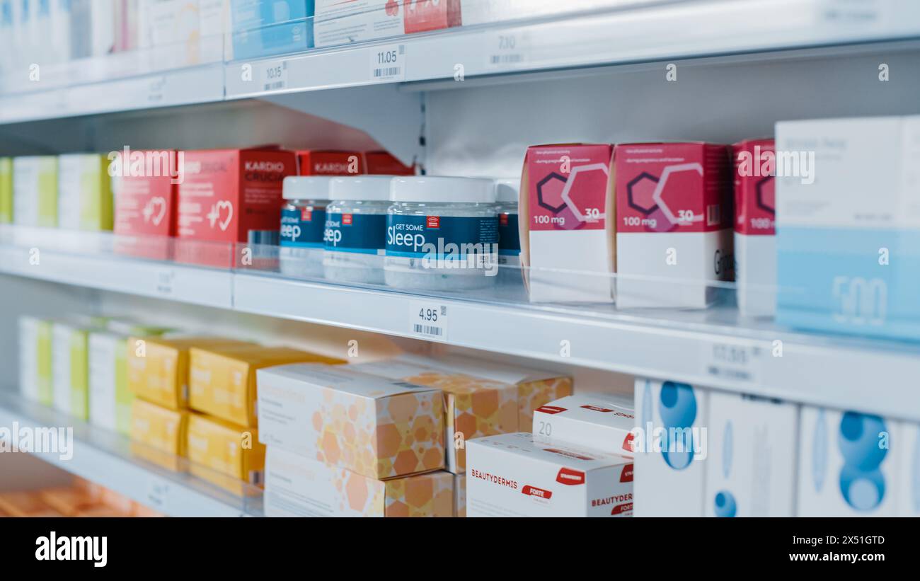 Modern Pharmacy Drugstore with Shelves full of Packages with Modern ...