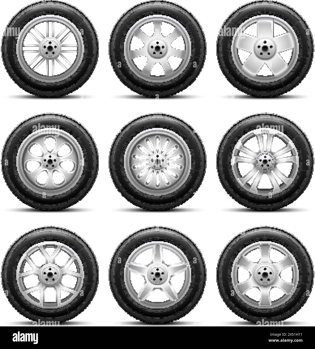 Realistic wheels rim. Isolated car tire with alloy or chrome disk, 3d ...