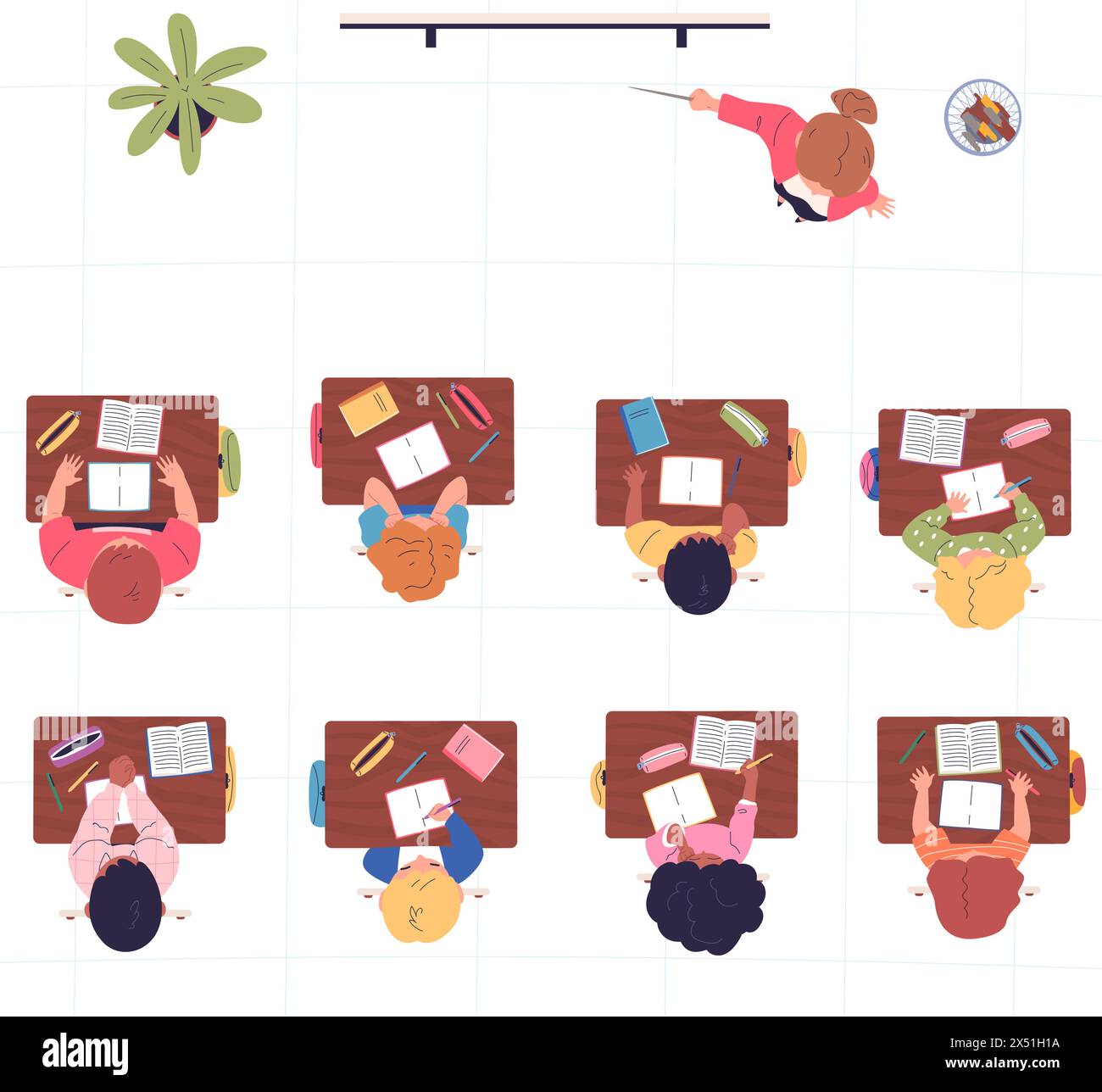 Classroom top view. Students at table and teacher study in school or ...