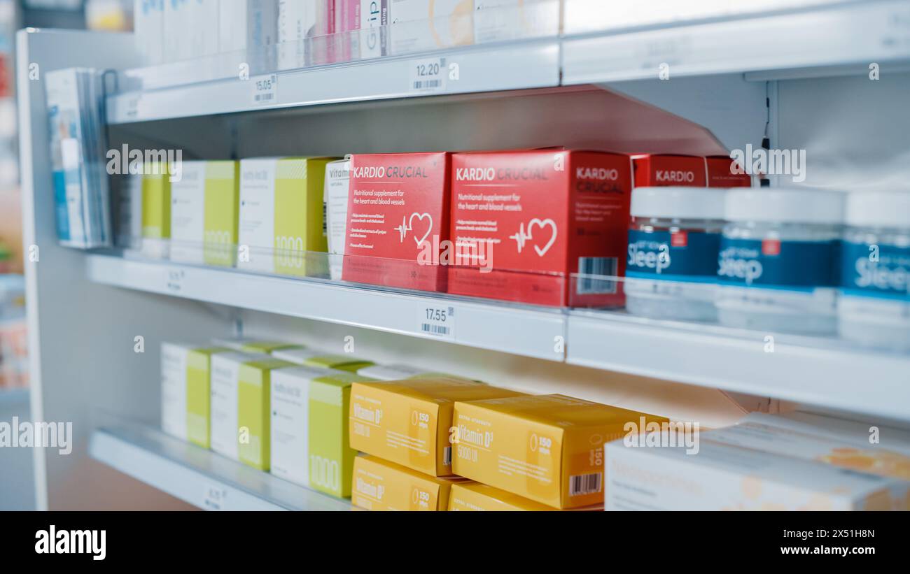 Modern Pharmacy Drugstore with Shelves full of Packages with Modern ...