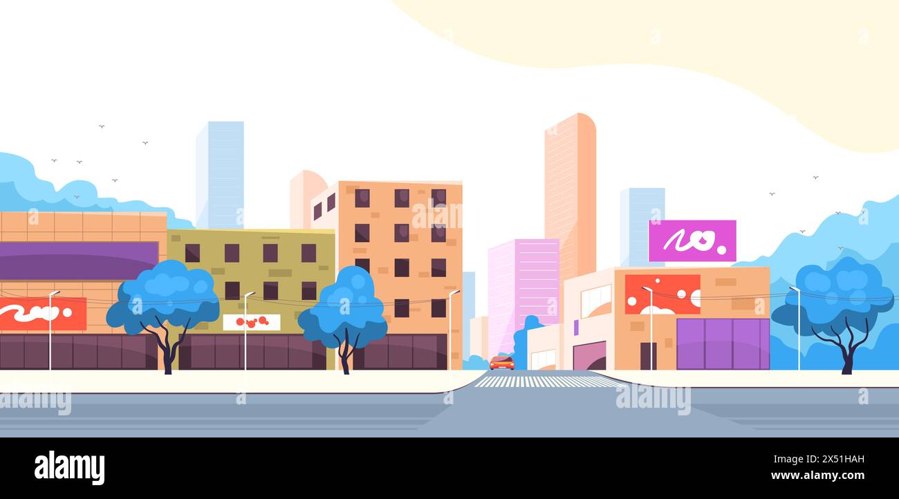 Panoramic road cityscape. Morning sunrise city street, winding road car ...