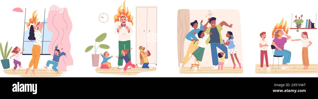 Parent burnout. Exhausted tired parents with difficult children, mad ...