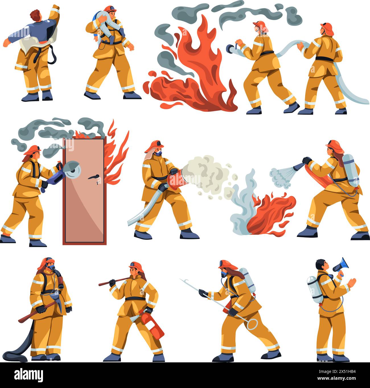Cartoon fireman characters. Firefighters in uniform working rescue ...