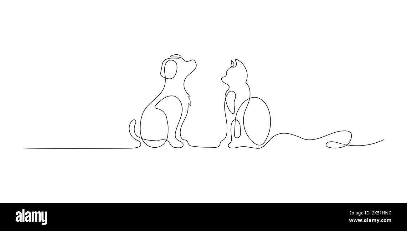 Cute dog and cat looking at each other, pet online continuous hand ...