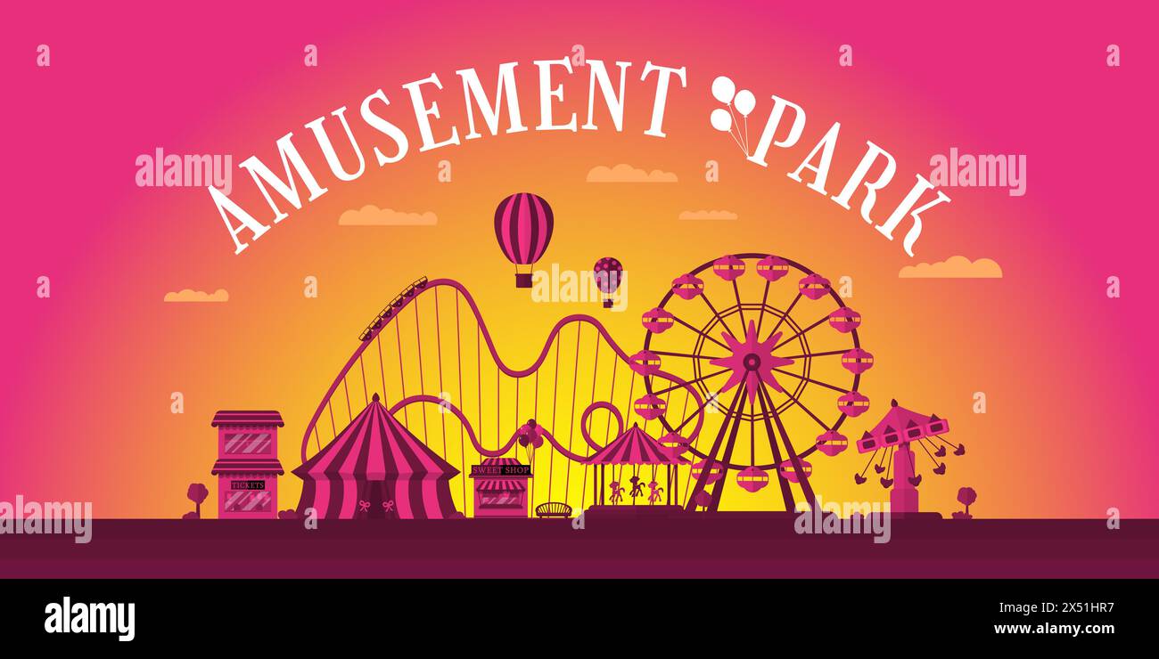 Amusement park horizontal banner design template. Circus carousels ...