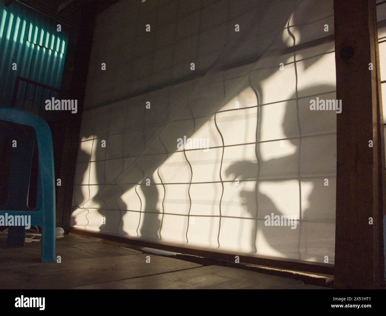 A market vendor's shadow is cast on a plastic tarp in the market in ...