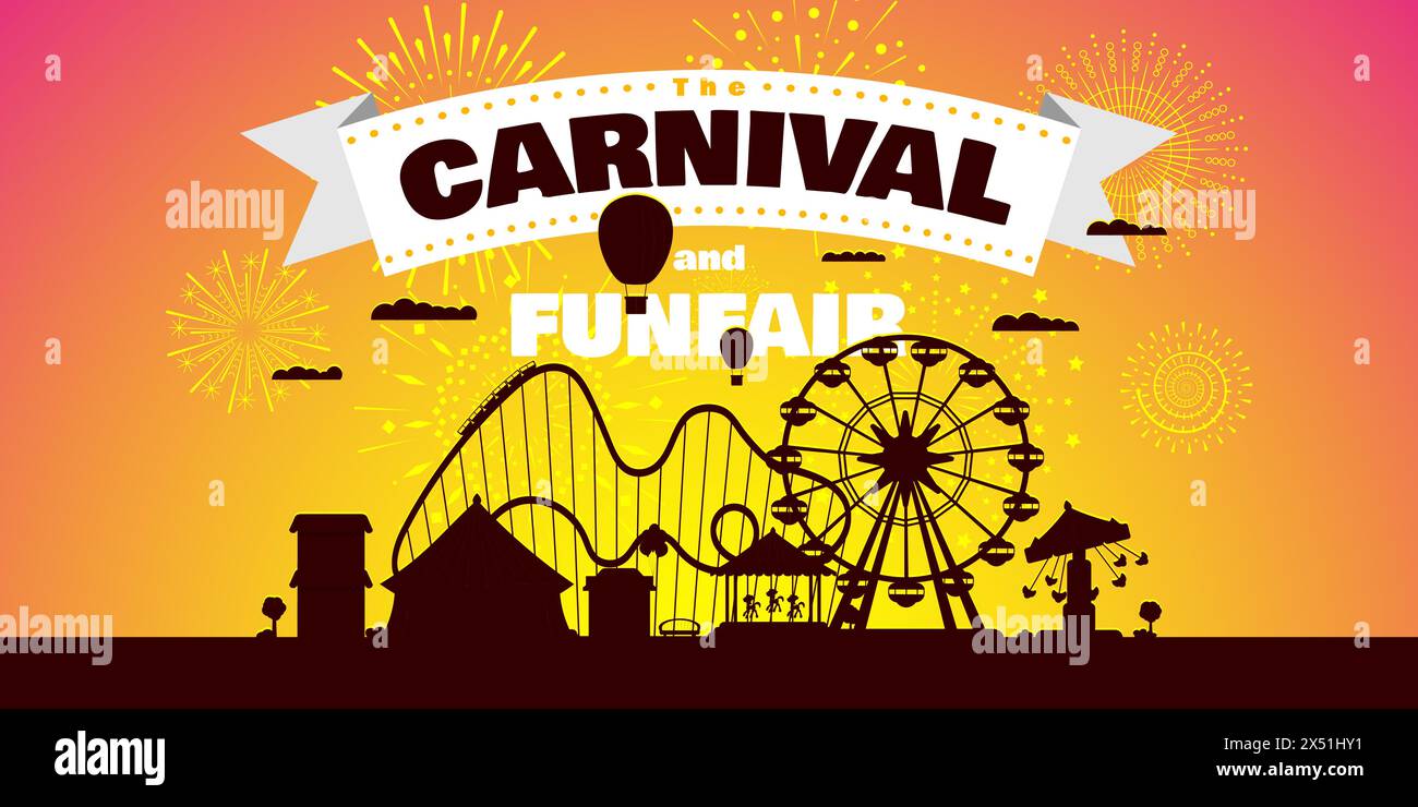 Carnival funfair with fireworks rays. Amusement park carousels, roller ...