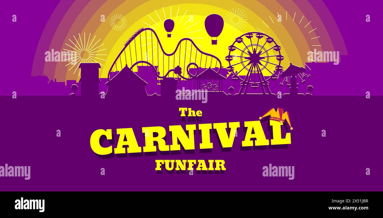 Carnival Funfair Horizontal Banner Amusement Park With Circus Carousels Roller Coaster