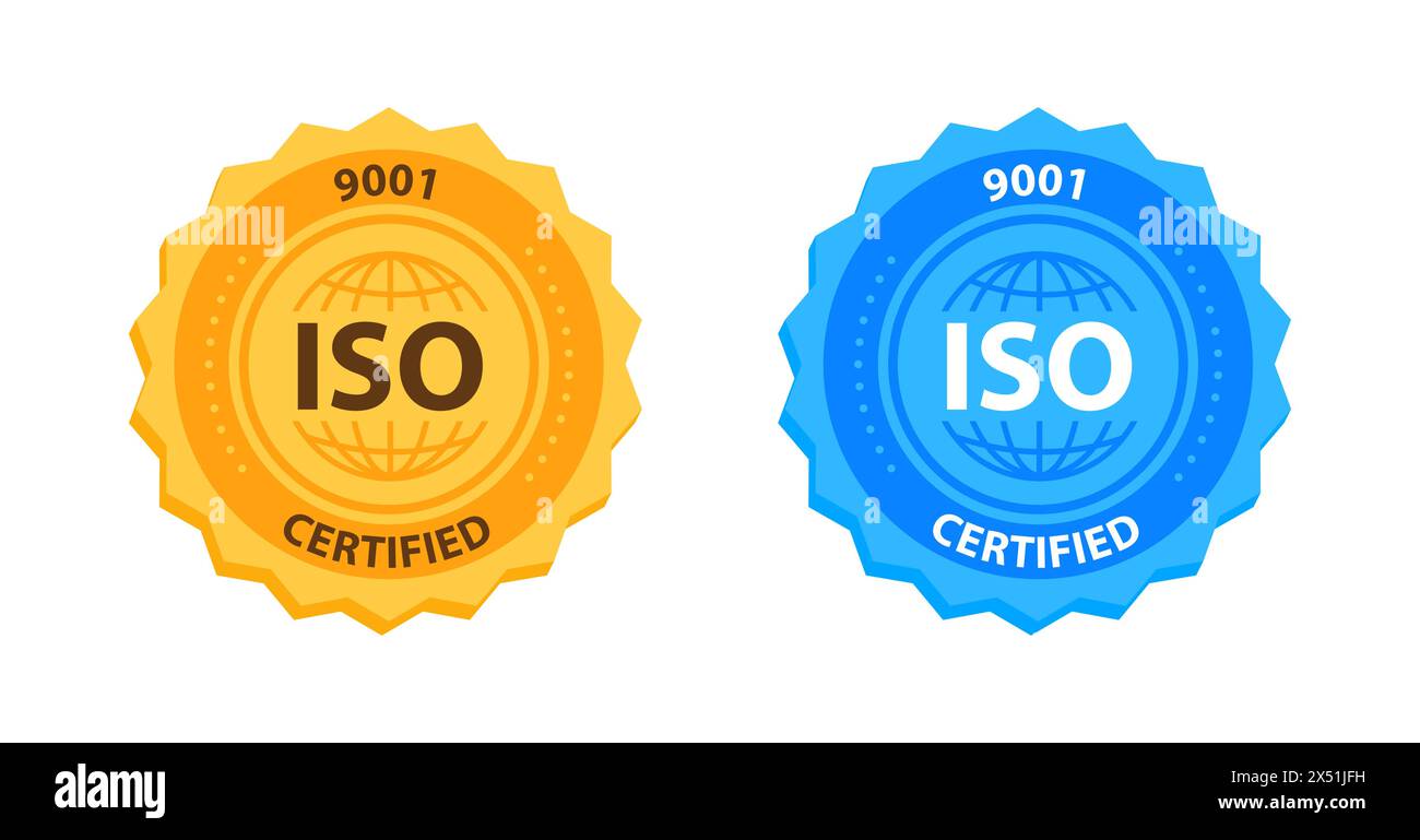 ISO 9001 Quality Management Certification Badge Gold and blue. Vector ...